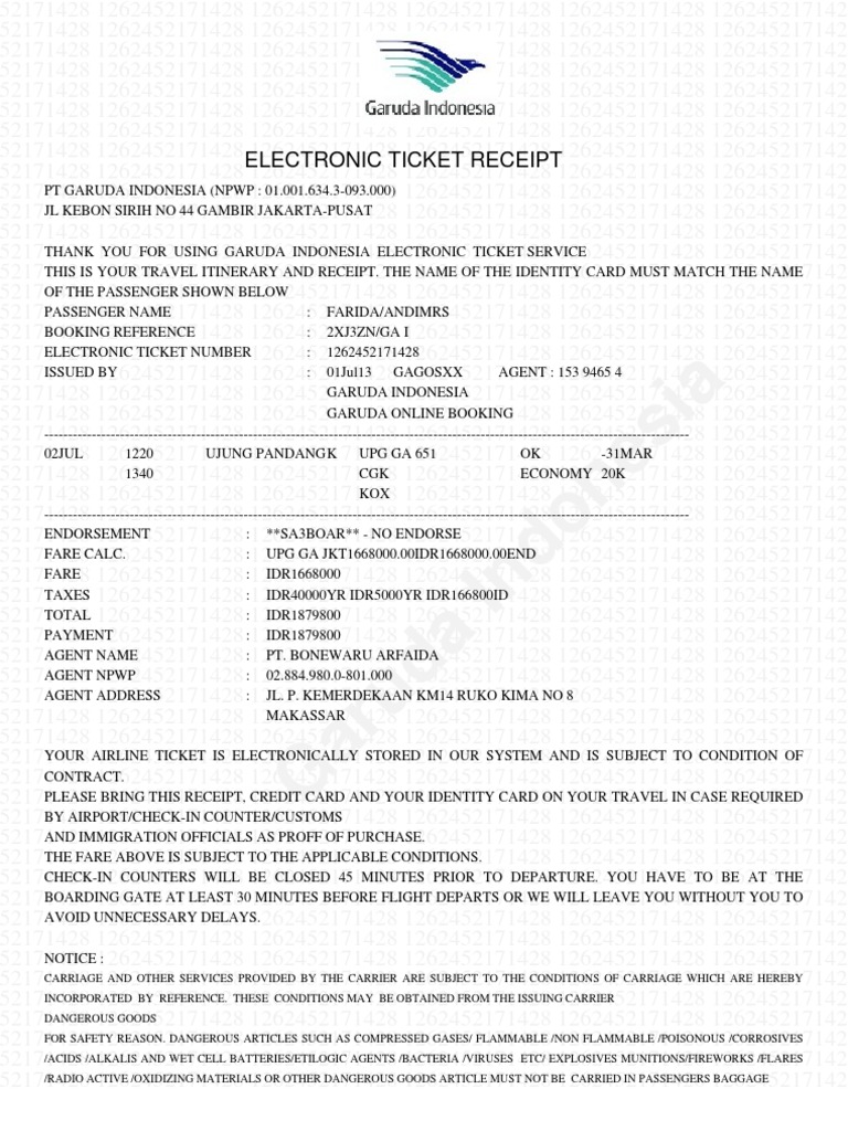 Garuda Indonesia: Electronic Ticket Receipt | PDF | Baggage | Business
