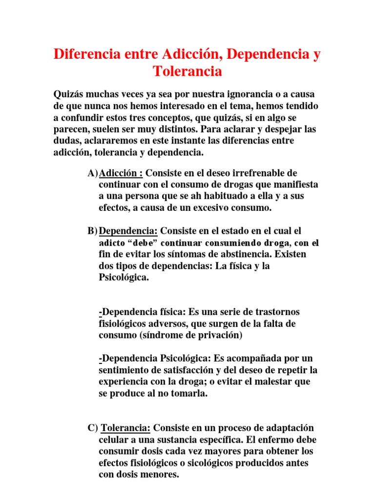 Diferencia Entre Dependencia y Adiccion | PDF | Despachador de drogas | La dependencia de sustancias