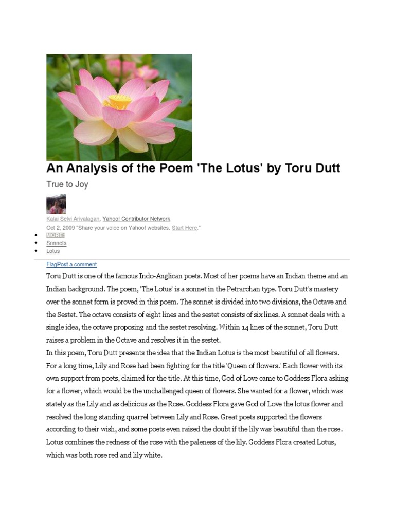 Analysis of Toru Dutt's Poem 'The Lotus | PDF | Literary Criticism ...