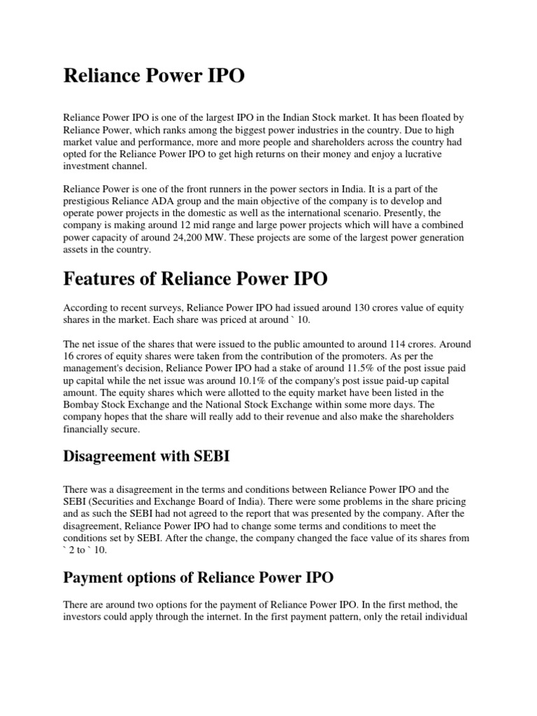Reliance Power IPO | PDF | Initial Public Offering | Stocks