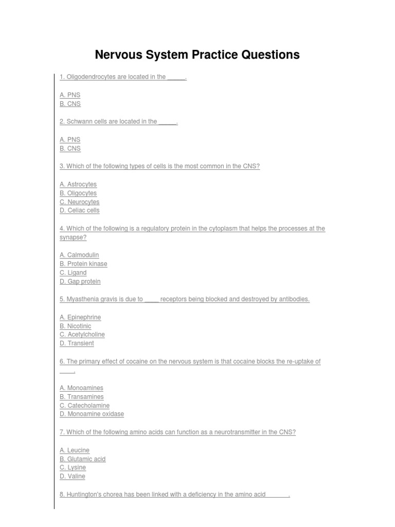 Nervous System Practice Questions | Neuron | Central Nervous System ...