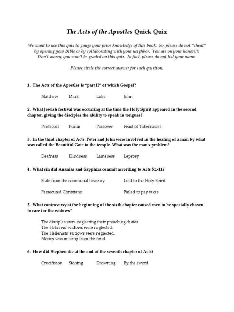 Acts Quiz Answers and Results | Acts Of The Apostles | Paul The Apostle