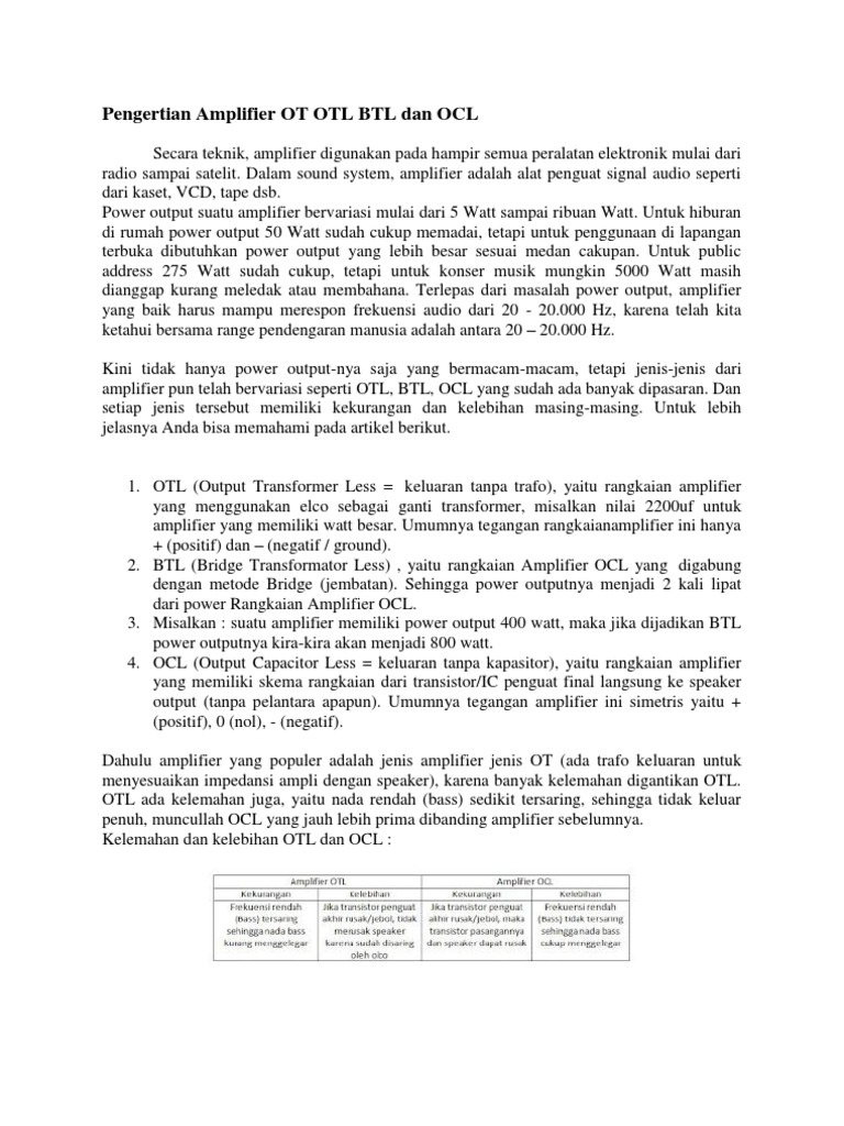 Pengertian Amplifier OT OTL BTL Dan OCL | PDF