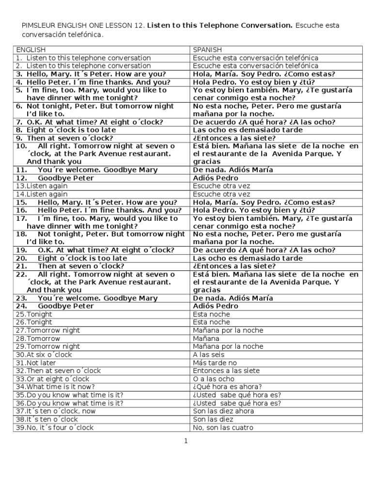 Lección Número 12 de Pimsleur English For Spanish Speakers | PDF