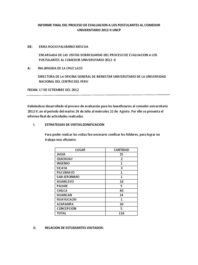 Informe Comedor Uncp | PDF | América del Sur | Perú