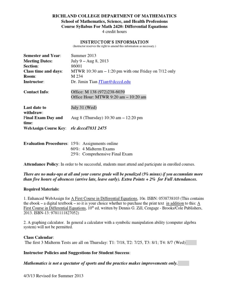 Math 2420 Differential Equations Syllabus | PDF | Ordinary Differential ...