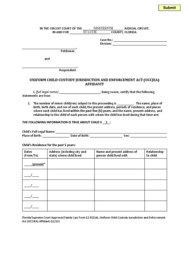 Florida Child Custody Form | PDF | Child Custody | Contact (Law)