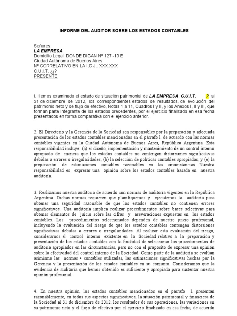 Modelo de Informe Del Auditor | PDF | Auditoría financiera | Contabilidad