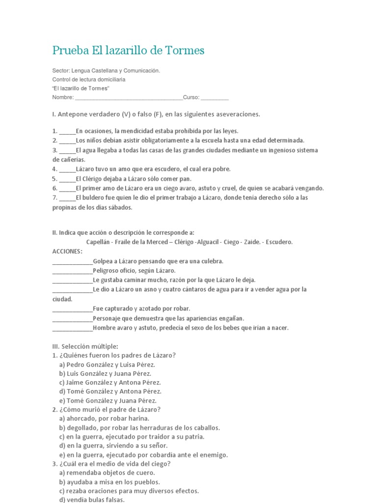 Prueba El Lazarillo de Tormes | PDF
