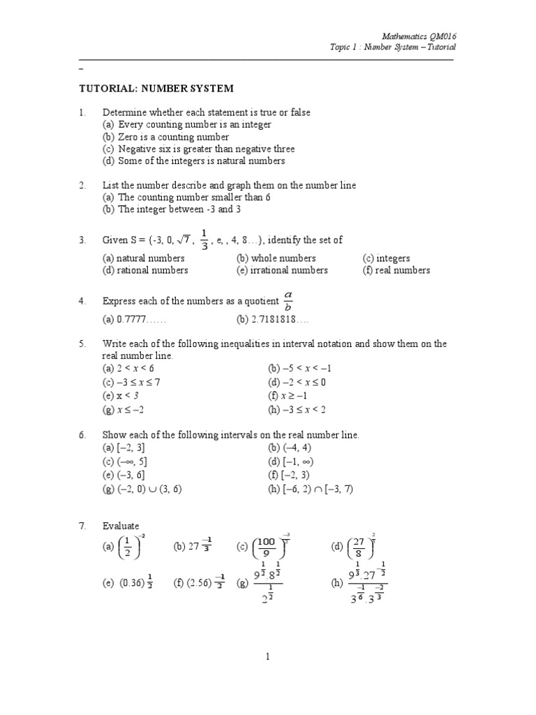 Mathematics QM016 Topic 1: Number System - Tutorial | PDF | Numbers ...