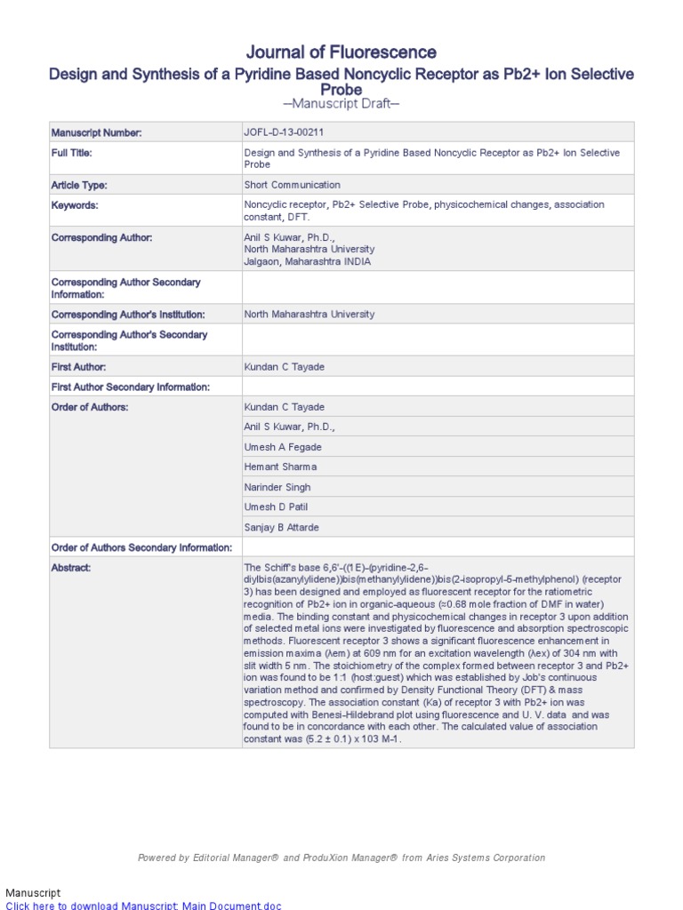 Journal of Fluorescence: Design and Synthesis of A Pyridine Based Noncyclic Receptor As Pb2+ Ion ...