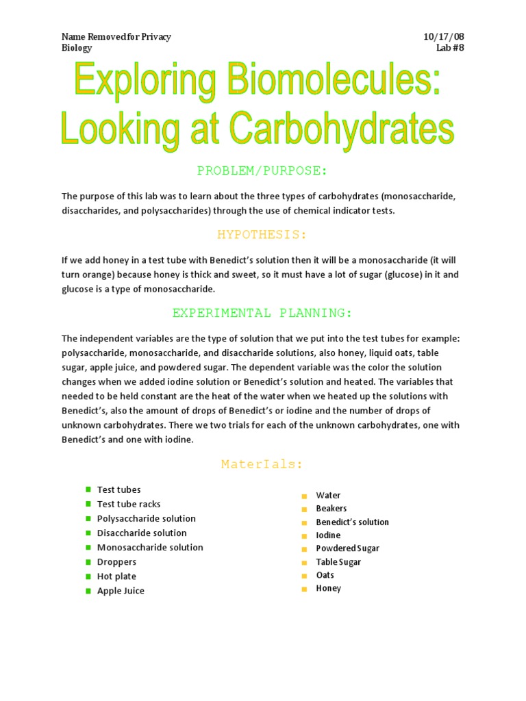 Bio Lab 8 J | PDF | Carbohydrates | Carbohydrate Chemistry