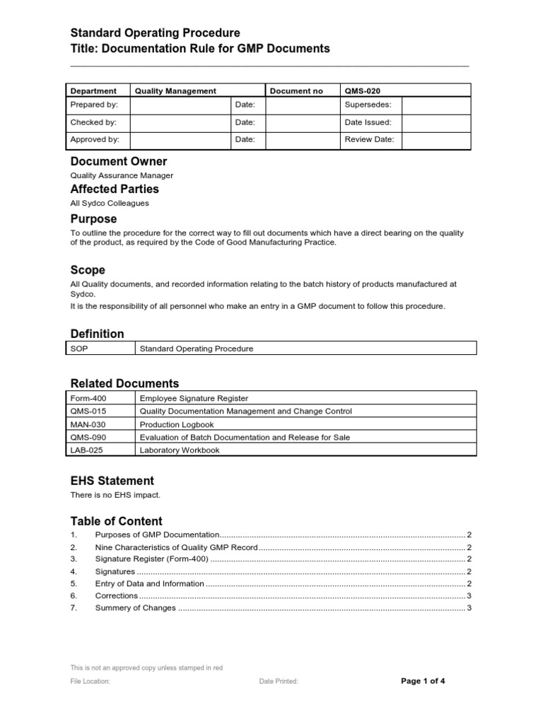 Documentation Rule For GMP Document QMS-020 Sample | PDF | Document ...