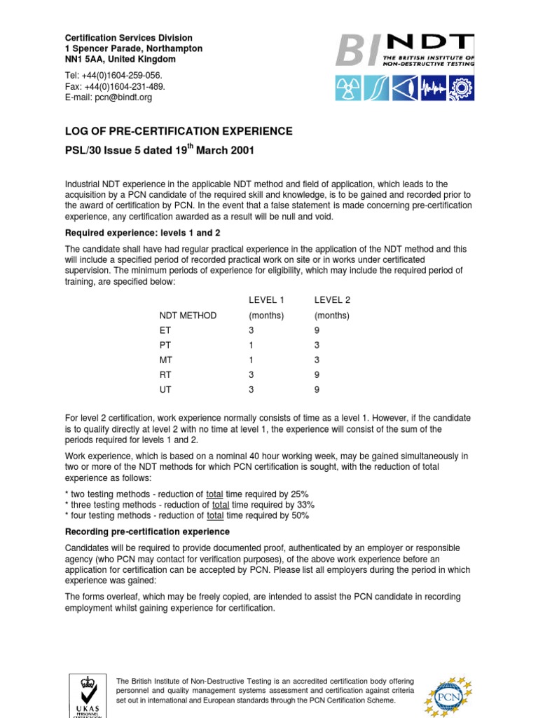 PSL 30 Log of Pre Cert Experience | PDF | Nondestructive Testing ...
