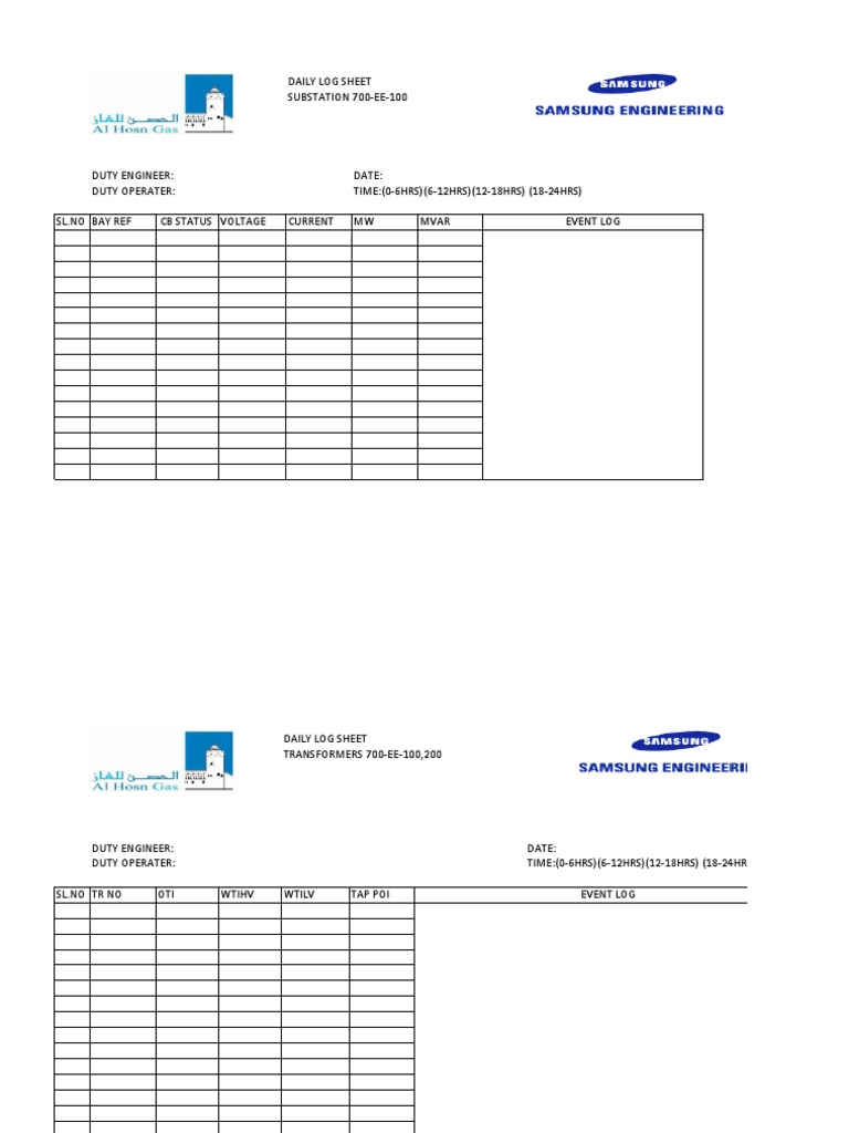 Daily Log Sheet SUBSTATION 700-EE-100 | PDF | Technology & Engineering