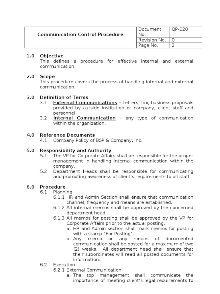 Communication Control Procedure | PDF | Project Management | Internal Audit
