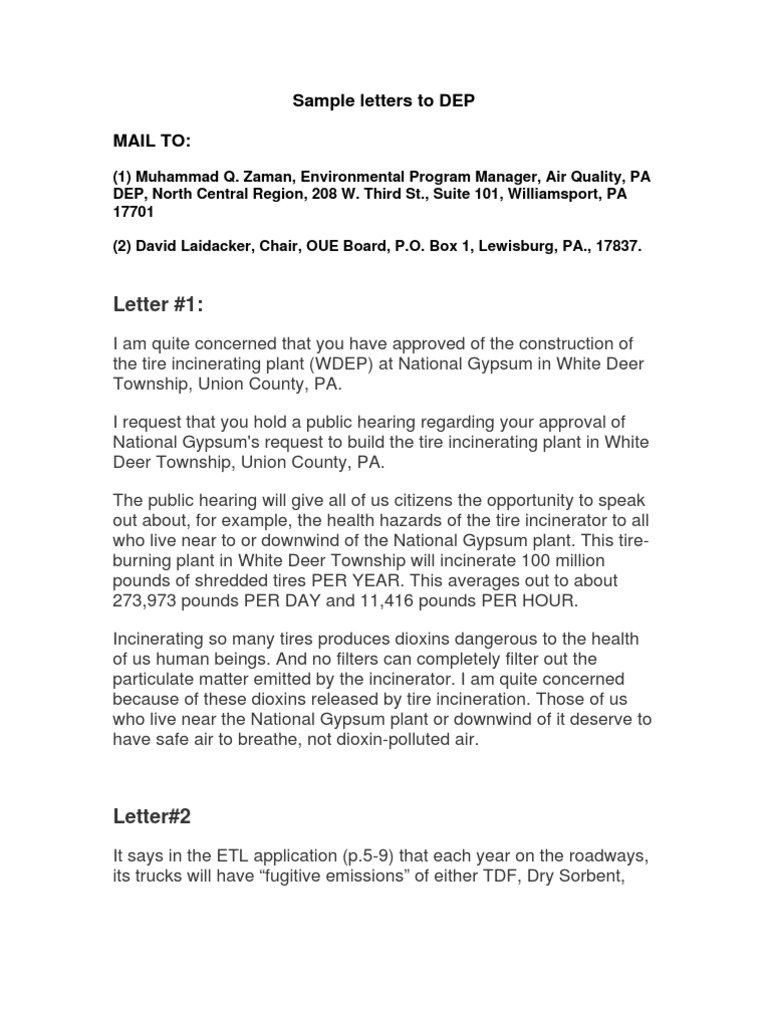 Sample Letters To DEP | PDF | Incineration | Air Pollution