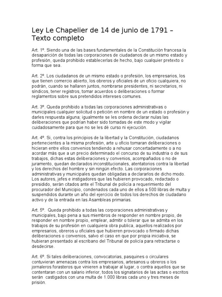 Ley Le Chapelier de 14 de Junio de 1791 | PDF | Policía | Pena capital