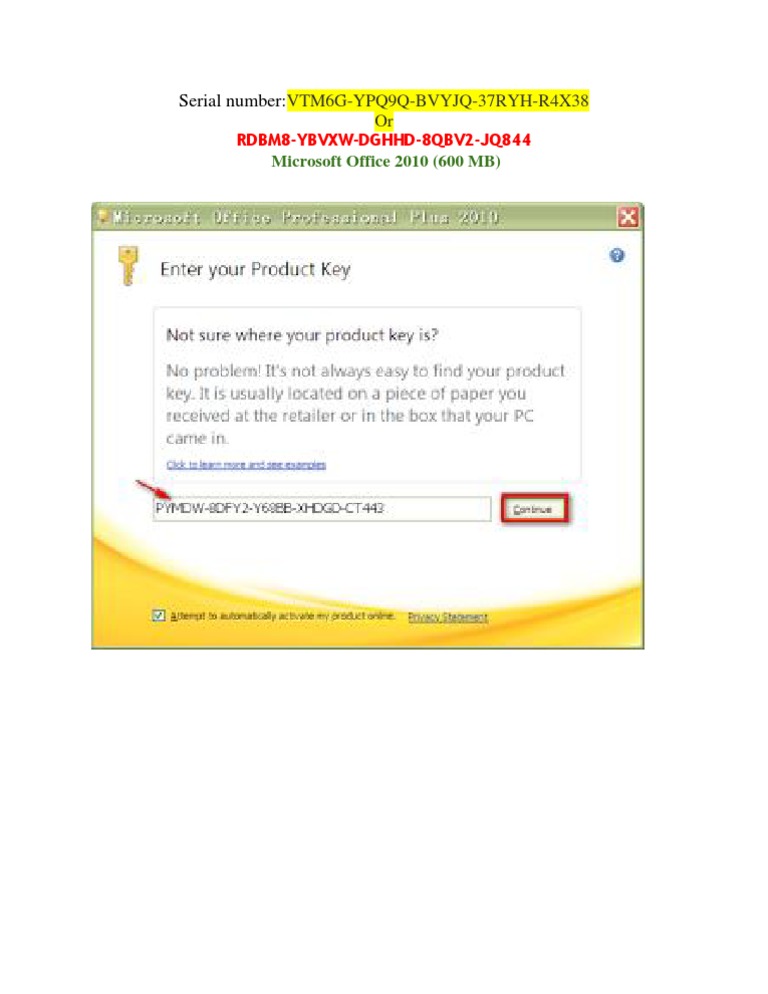 Office 2010 Serial Numbers Provided | PDF