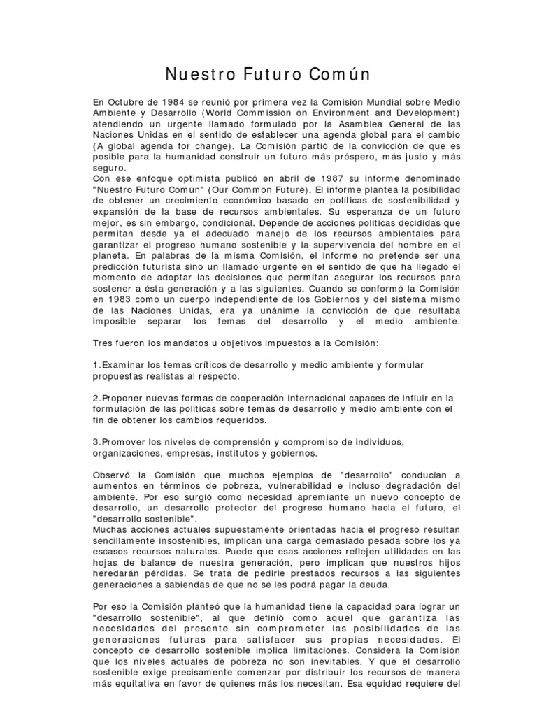 Nuestro Futuro Comun, Our Common Future, The Brundtland Report. | PDF