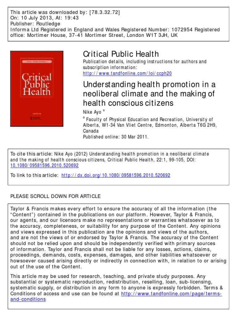 Critical Public Health | PDF | Neoliberalism | Health Promotion