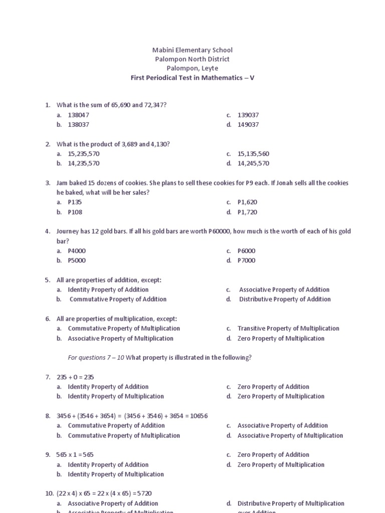 First Periodial Test - Grade V Math | PDF | Fraction (Mathematics ...