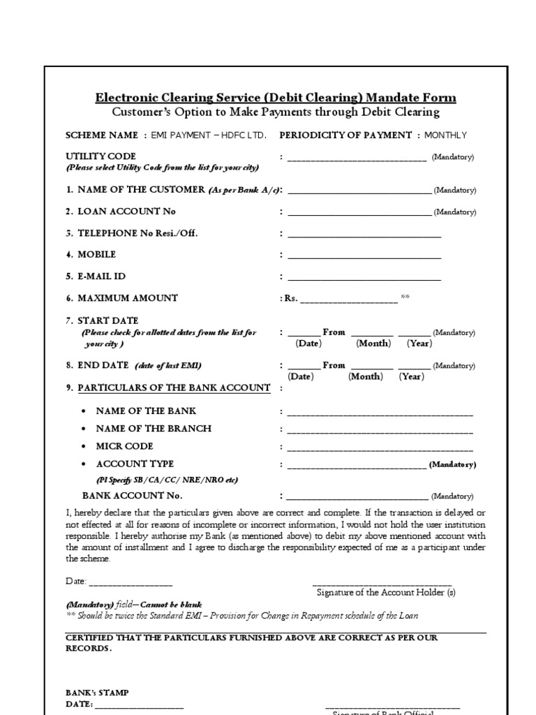 HDFC New ECS Mandate Format | Debit Card | Banks