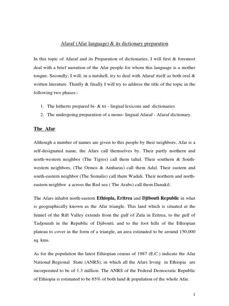 Afaraf (Afar Language) & Its Dictionary Preparation | Download Free PDF ...