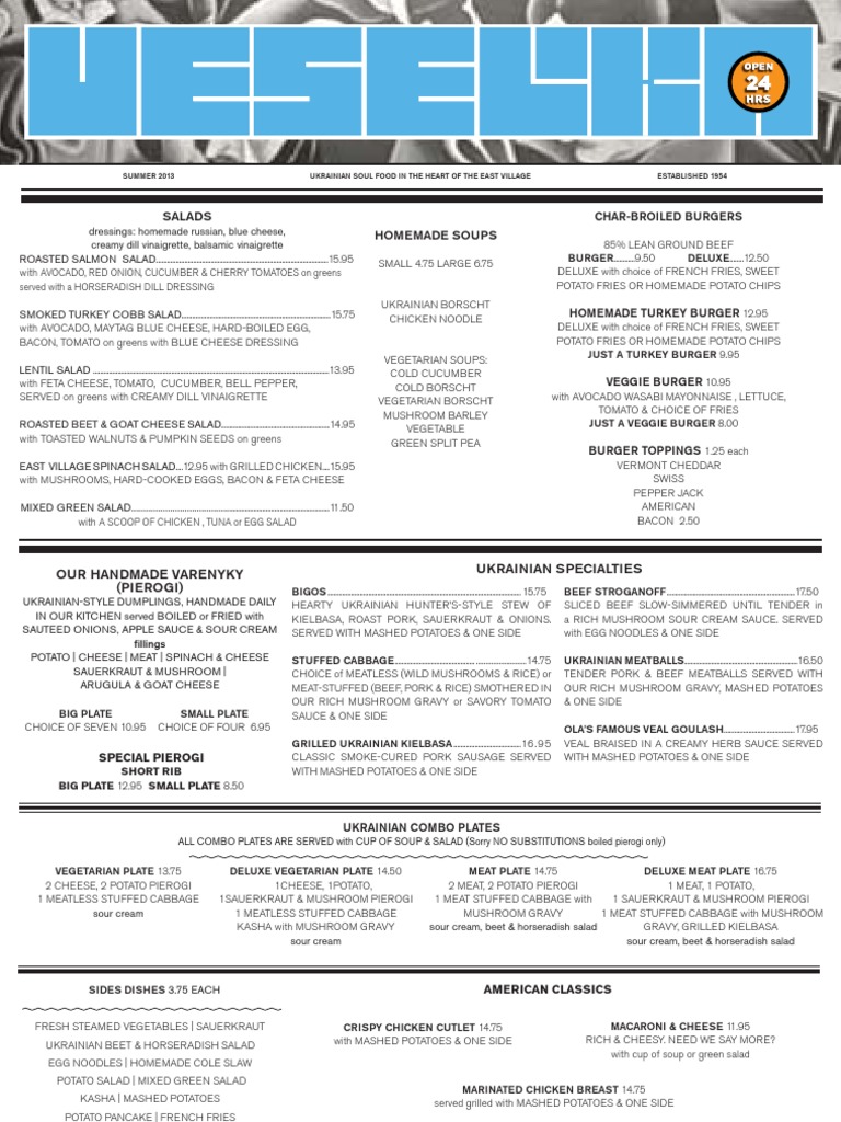 Veselka Restaurant Menu | PDF | Hamburgers | Salad