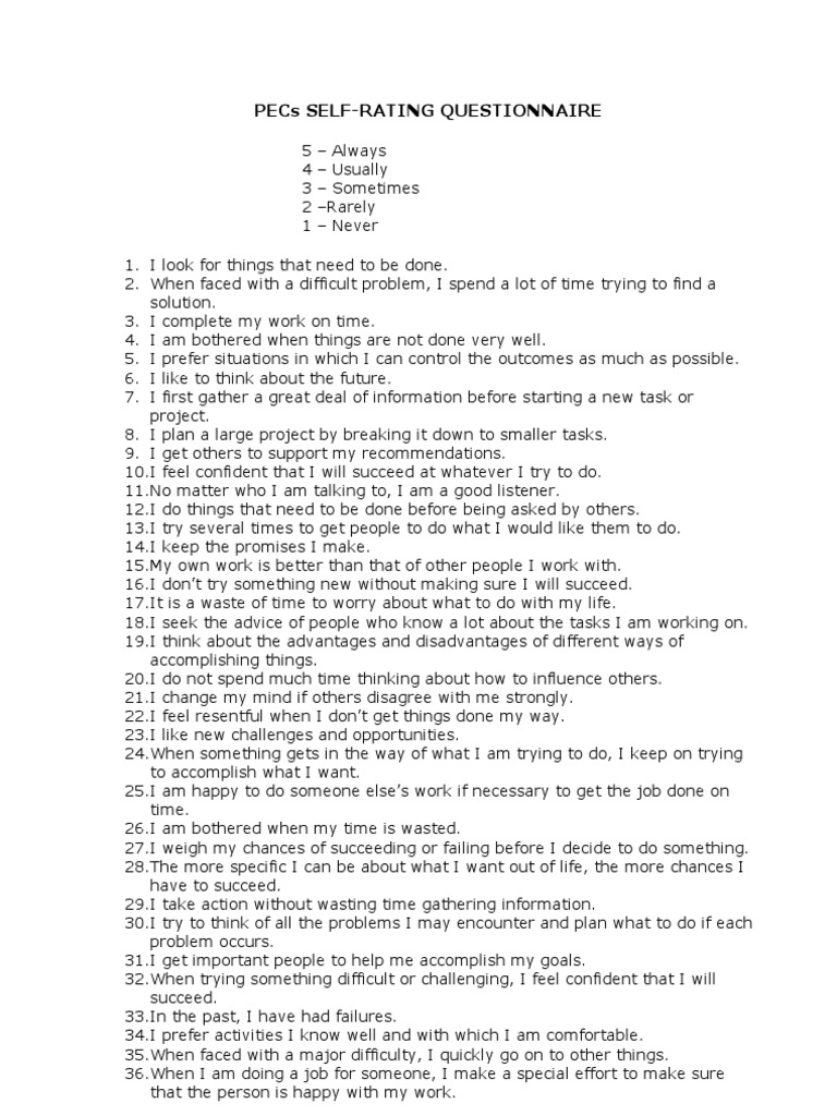 PECs Self-Rating Questionnaire Guide | PDF | Psychological Concepts | Cognition