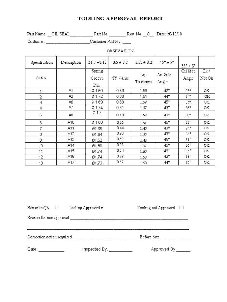 Oil Seal Tooling Approval Report | PDF | Disabled Sports | Sports