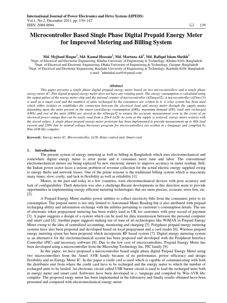 Microcontroller Based Single Phase Digital Prepaid Energy Meter For Improved Metering and ...