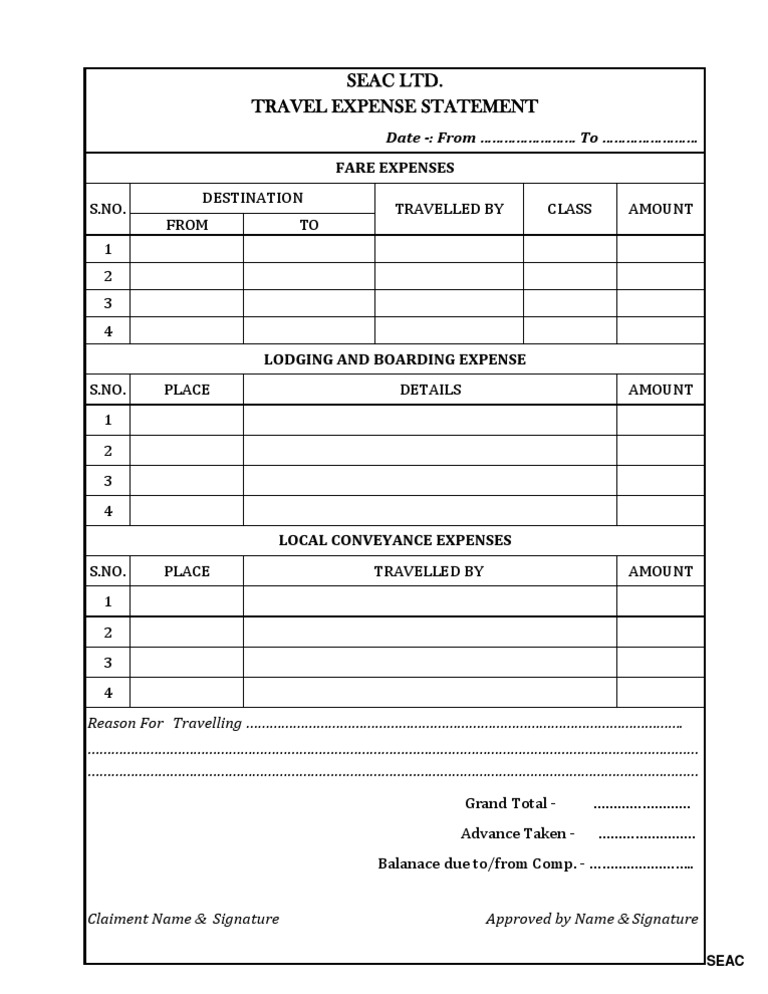 Seac Ltd. Travel Expense Statement: From TO 1 2 3 4 S.NO. Travelled by ...