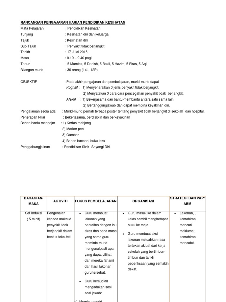 RPH PK Tahun 5 Penyakit Tak Berjangkit | PDF