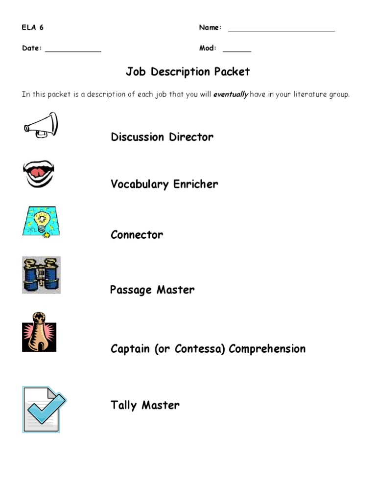 Literature Circle Job Sheets | PDF | Reading Comprehension | Vocabulary