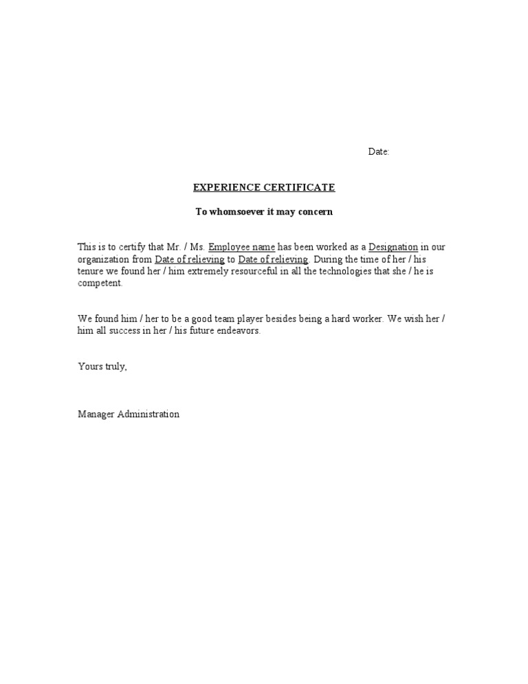 Experience Certificate Template | PDF