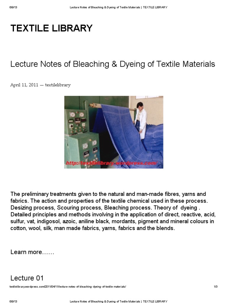 Lecture Notes Of Bleaching And Dyeing Of Textile Materials Textile Library Pdf