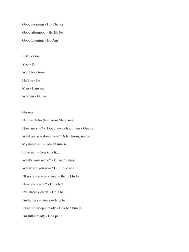 Basic Fukien Language Phrases | PDF | Language Arts & Discipline ...