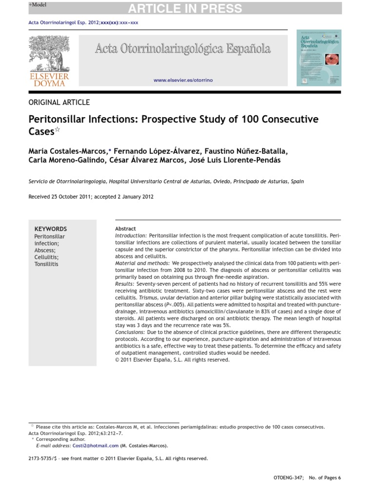 Peritonsillar Infections: Prospective Study of 100 Consecutive Cases ...