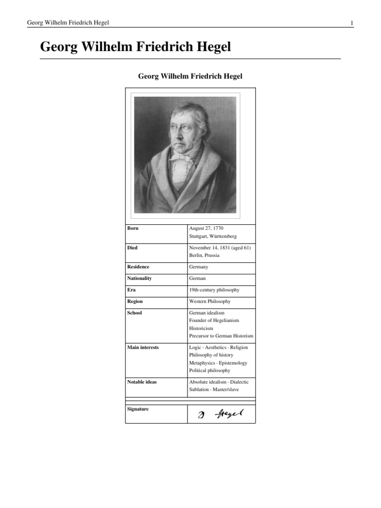 G.W.F. Hegel Biography | PDF | Georg Wilhelm Friedrich Hegel | Idealism