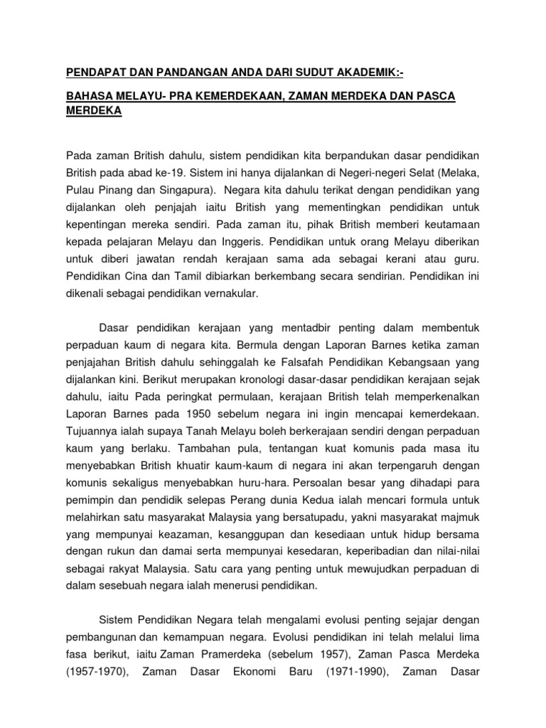 Bahasa Melayu-Merdeka-Pasca Merdeka Zaman Merdeka | PDF