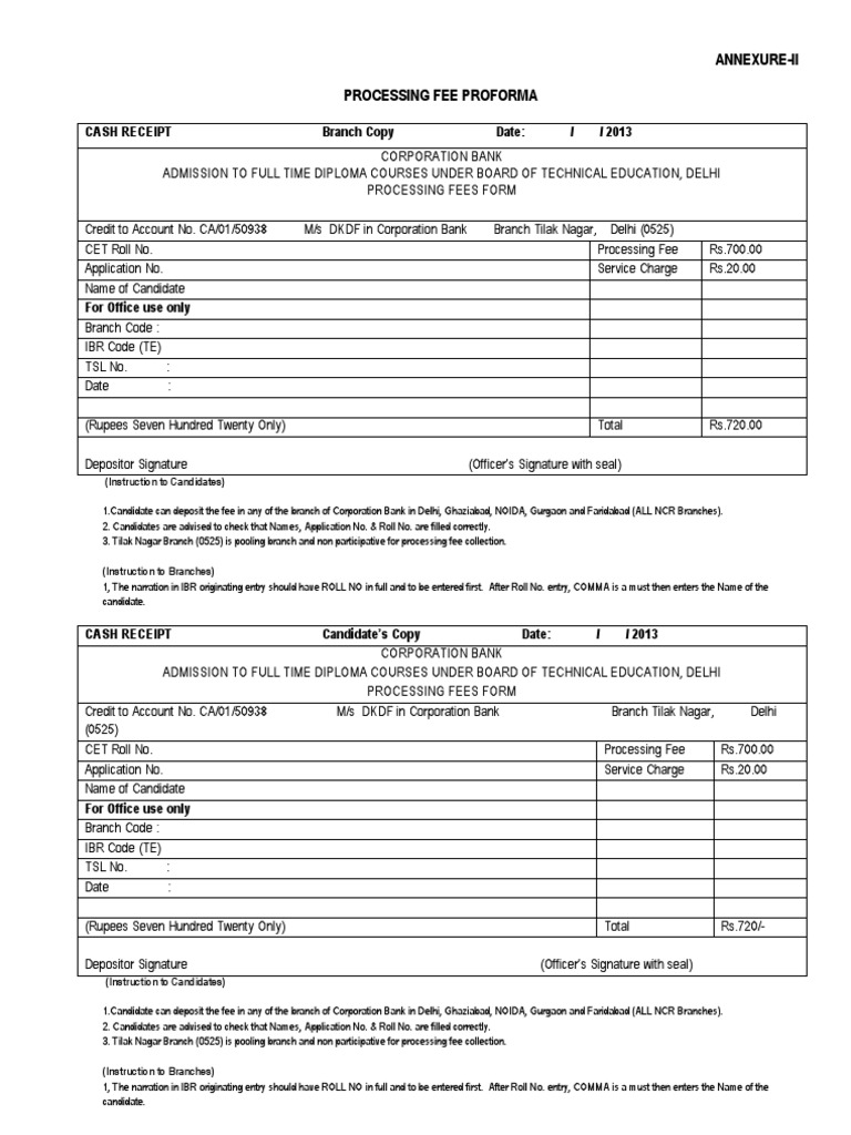 Annexure II - Processing Fee Proforma | PDF