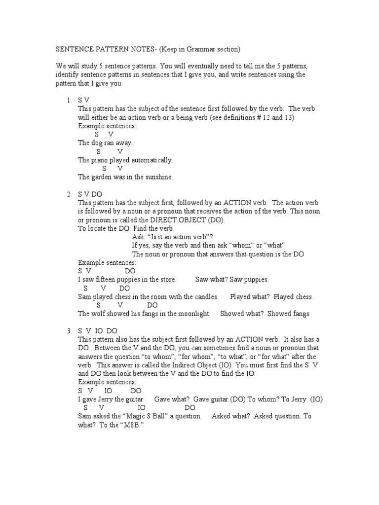 Sentence Pattern Notes | PDF | Verb | Subject (Grammar)