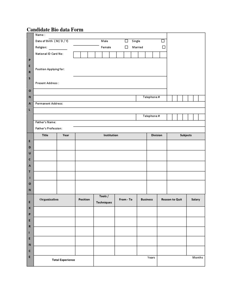 Candidate Bio Data Form Template | PDF