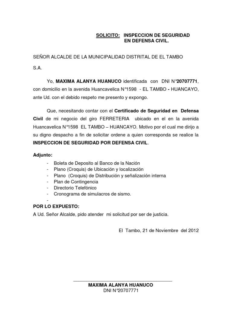 Modelo Mde Solicitud para Inspeccion de Defensa Civil | PDF | Primeros auxilios | Bombero