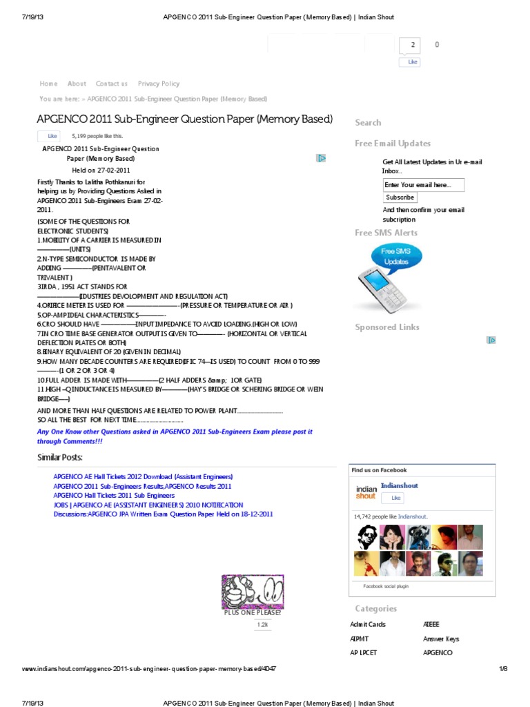 APGENCO 2011 Sub-Engineer Question Paper (Memory Based) - Indian Shout ...