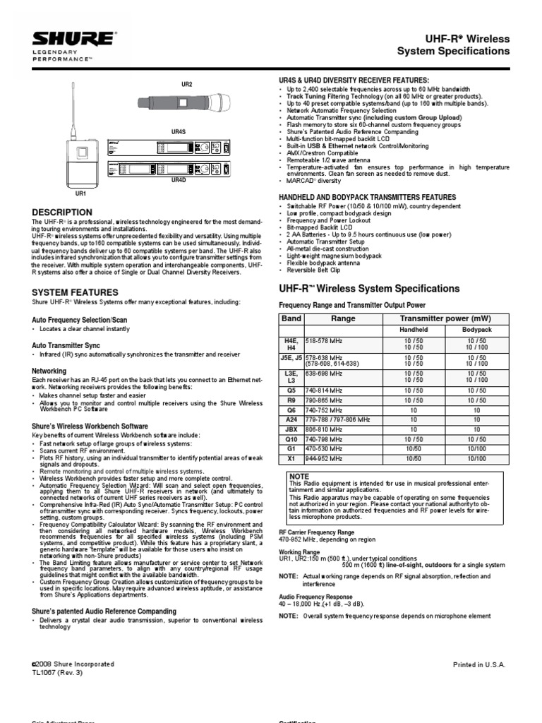 Shure UR4S Specsheet | PDF | Microphone | Antenna (Radio)