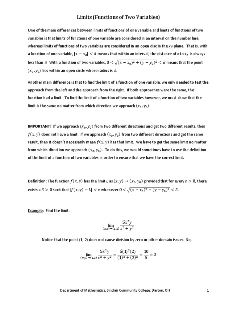 Limits of Functions of Two Variables | PDF | Calculus | Mathematical ...