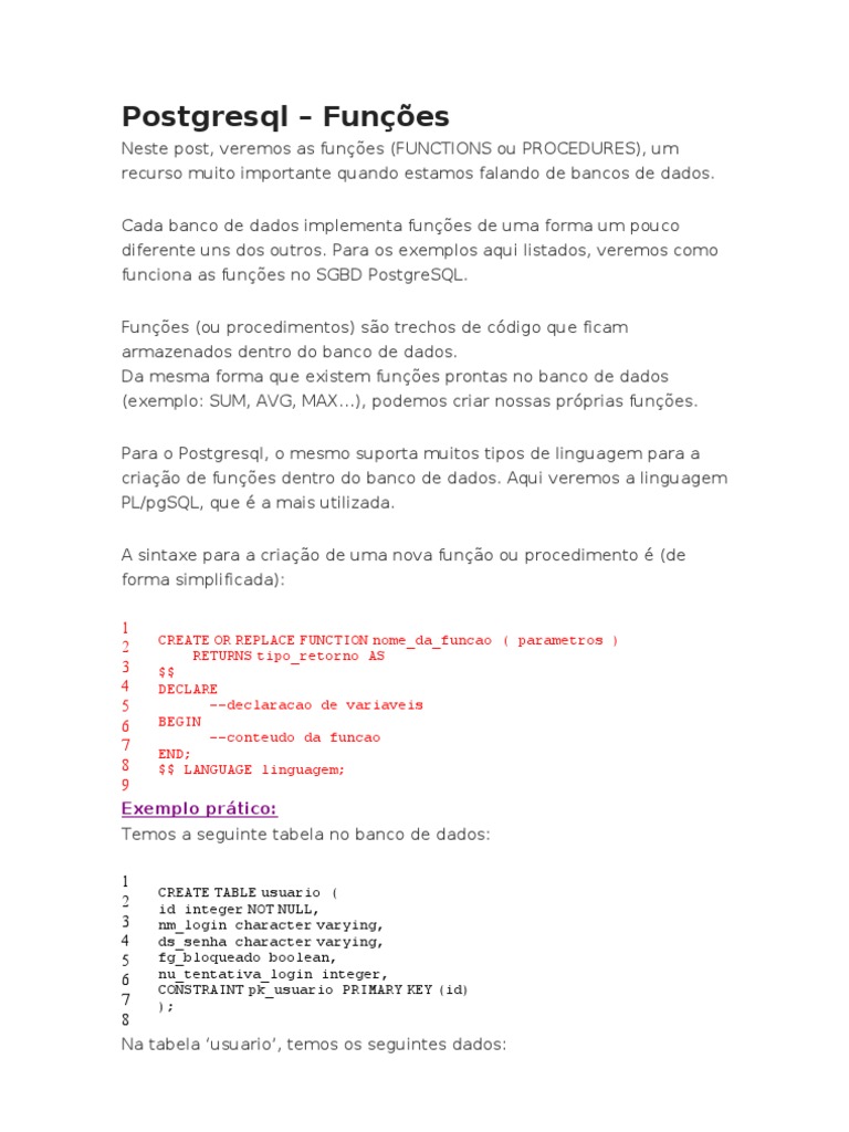 Função No Postgresql | PDF | SQL | Tabela (banco de dados) Função No Postgresql | PDF | SQL | Tabela (banco de dados)