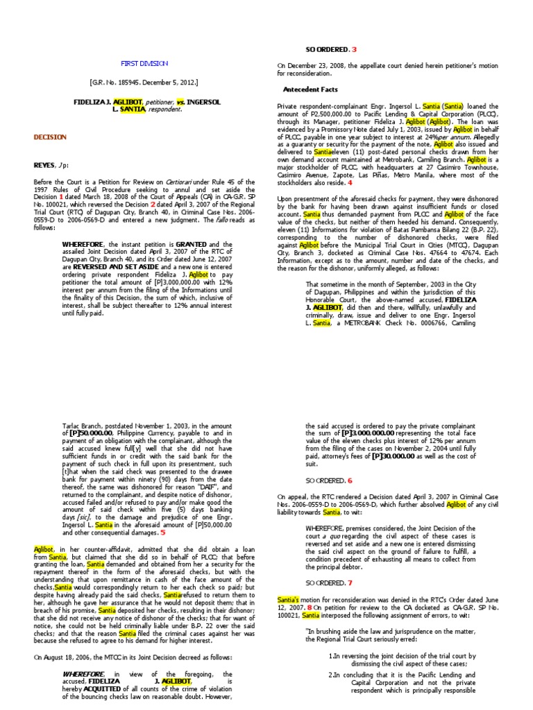 Sec. 29 Aglibot Vs Santia | PDF | Guarantee | Negotiable Instrument